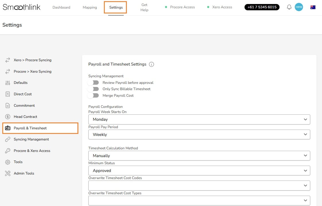 Settings - Payroll & Timesheet
