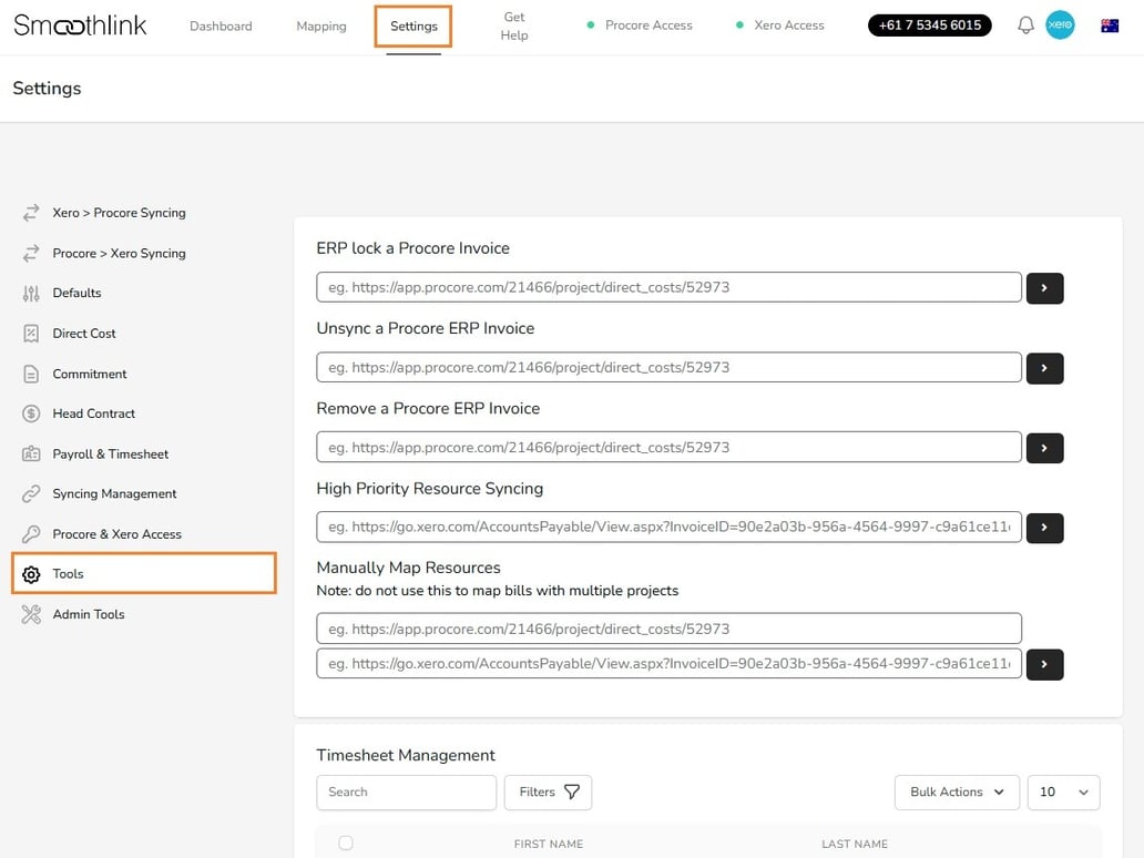 Settings - Tools & Timesheet Management